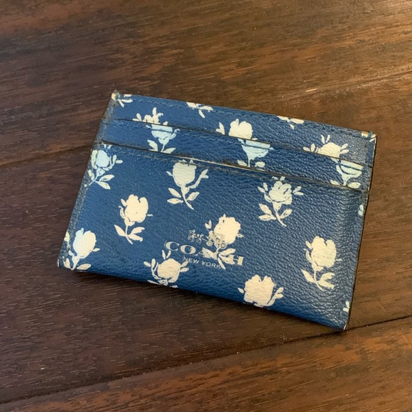 Coach | Bags | Coach Blue And White Leather Floral Card Holder Euc ...